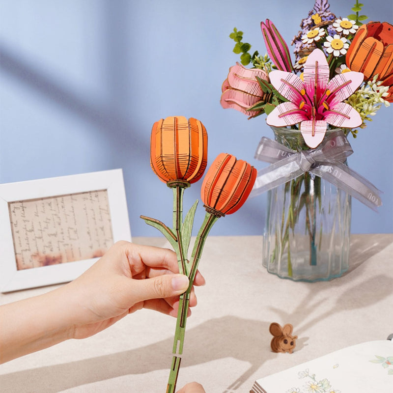 Puzzle 3D Flor de Madera Orange Tulip (Tulipan Naranja) Rowood – Dibu Chile