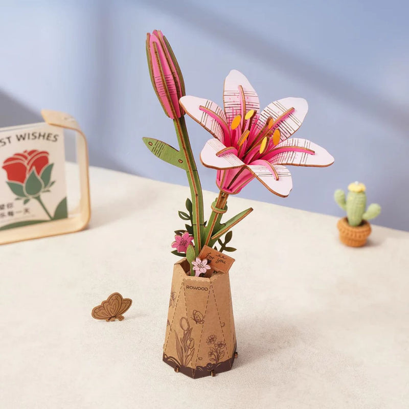 Puzzle 3D Flor de Madera Pink Lily (Lila Rosa) Rowood – Dibu Chile